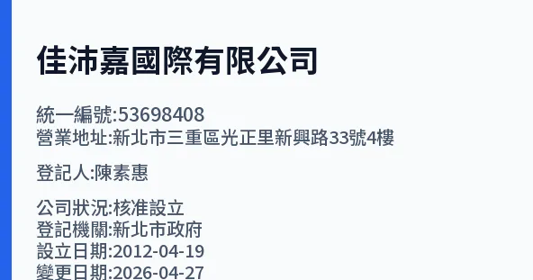 佳沛嘉國際有限公司的照片-統編 53698408(新北市) 公司登記資料與營業項目詳細圖表