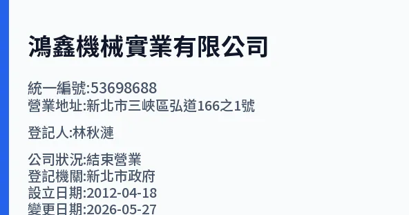 鴻鑫機械實業有限公司的照片-統編 53698688(新北市) 公司登記資料與營業項目詳細圖表