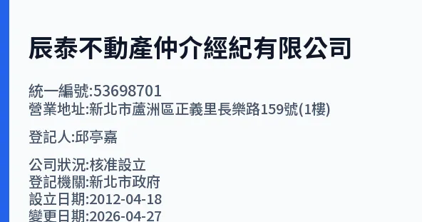 辰泰不動產仲介經紀有限公司的照片-統編 53698701(新北市) 公司登記資料與營業項目詳細圖表
