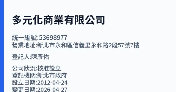 多元化商業有限公司的照片-統編 53698977(新北市) 公司登記資料與營業項目詳細圖表