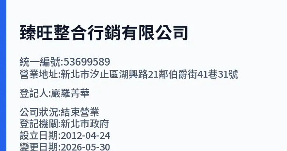 臻旺整合行銷有限公司的照片-統編 53699589(新北市) 公司登記資料與營業項目詳細圖表