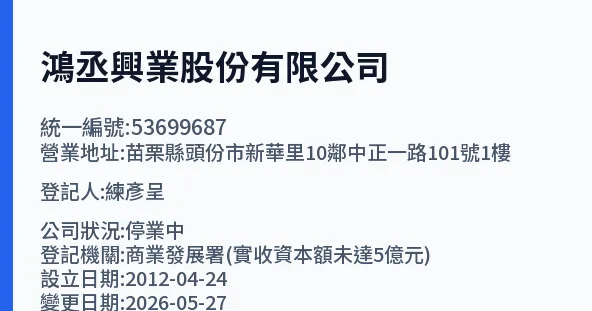 鴻丞興業股份有限公司的照片-統編 53699687(苗栗縣) 公司登記資料與營業項目詳細圖表