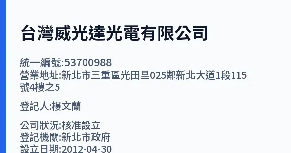 台灣威光達光電有限公司的照片-統編 53700988(新北市) 公司登記資料與營業項目詳細圖表