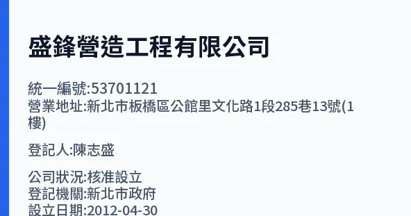 盛鋒營造工程有限公司的照片-統編 53701121(新北市) 公司登記資料與營業項目詳細圖表