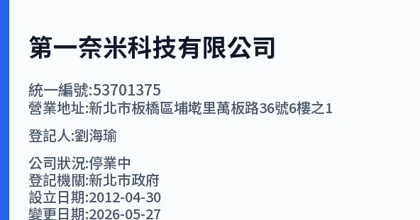 第一奈米科技有限公司的照片-統編 53701375(新北市) 公司登記資料與營業項目詳細圖表