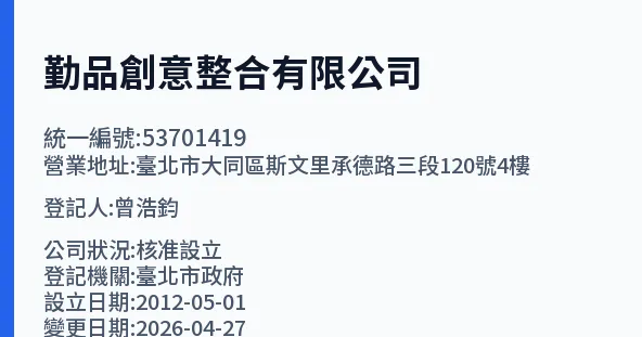 勤品創意整合有限公司的照片-統編 53701419(臺北市) 公司登記資料與營業項目詳細圖表