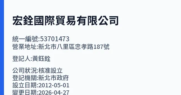 宏銓國際貿易有限公司的照片-統編 53701473(新北市) 公司登記資料與營業項目詳細圖表