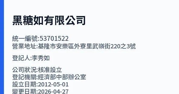 黑糖如有限公司的照片-統編 53701522(基隆市) 公司登記資料與營業項目詳細圖表
