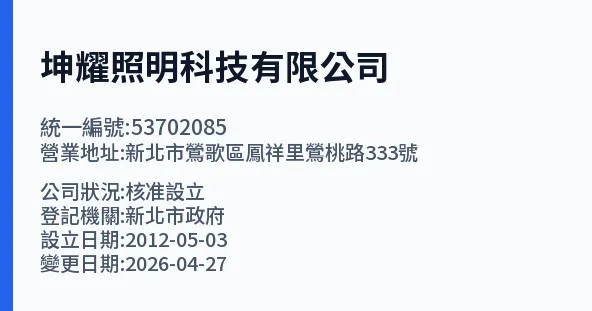 坤耀照明科技有限公司的照片-統編 53702085(新北市) 公司登記資料與營業項目詳細圖表