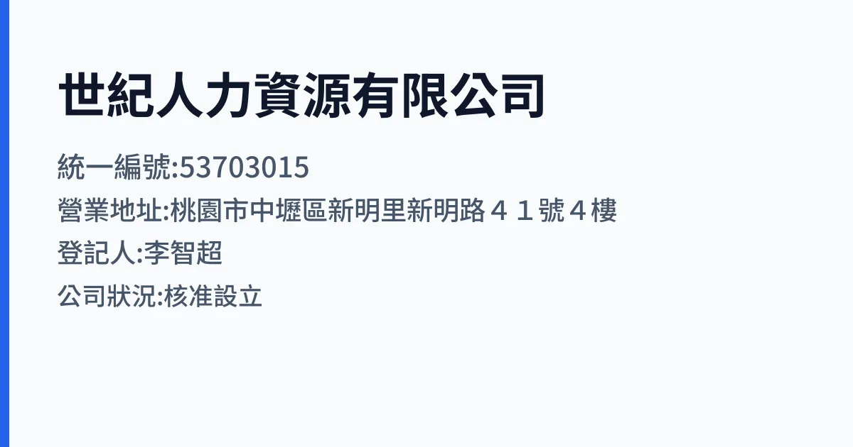 世紀人力資源有限公司 - 統編 53703015(桃園市) 公司登記資料與營業項目詳細圖表