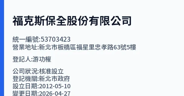 福克斯保全股份有限公司的照片-統編 53703423(新北市) 公司登記資料與營業項目詳細圖表
