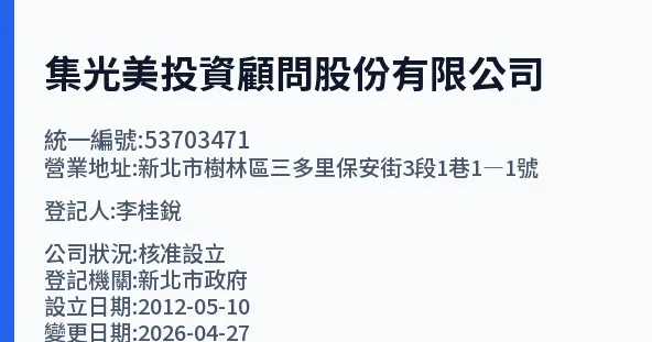 集光美投資顧問股份有限公司的照片-統編 53703471(新北市) 公司登記資料與營業項目詳細圖表
