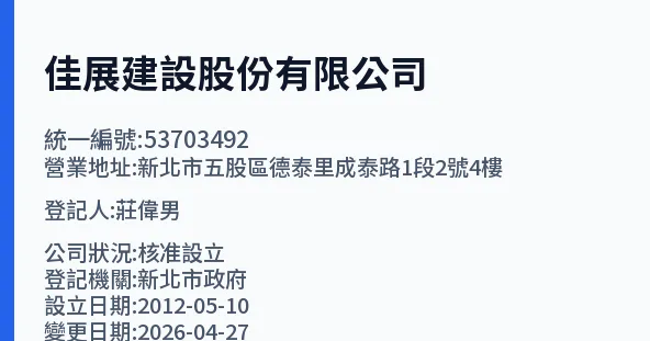 佳展建設股份有限公司的照片-統編 53703492(新北市) 公司登記資料與營業項目詳細圖表