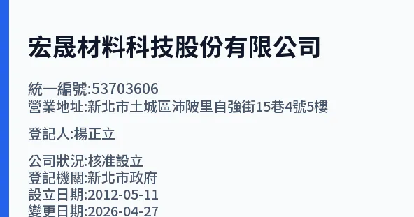 宏晟材料科技股份有限公司的照片-統編 53703606(新北市) 公司登記資料與營業項目詳細圖表