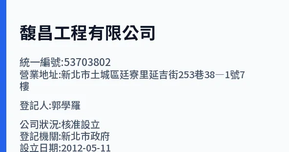 馥昌工程有限公司的照片-統編 53703802(新北市) 公司登記資料與營業項目詳細圖表