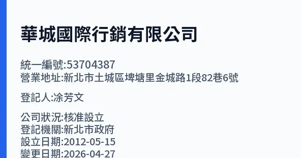 華城國際行銷有限公司的照片-統編 53704387(新北市) 公司登記資料與營業項目詳細圖表