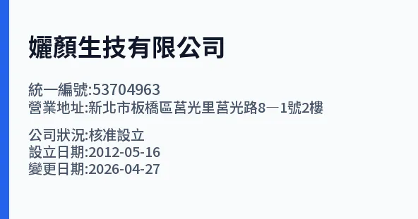 孋顏生技有限公司的照片-統編 53704963(新北市) 公司登記資料與營業項目詳細圖表
