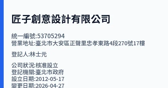 匠子創意設計有限公司的照片-統編 53705294(臺北市) 公司登記資料與營業項目詳細圖表