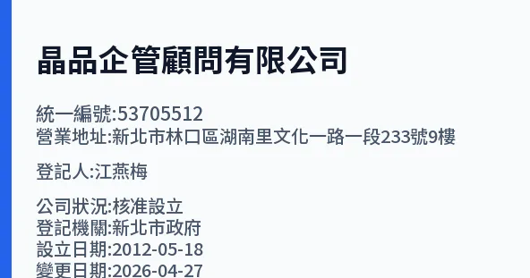 晶品企管顧問有限公司的照片-統編 53705512(新北市) 公司登記資料與營業項目詳細圖表