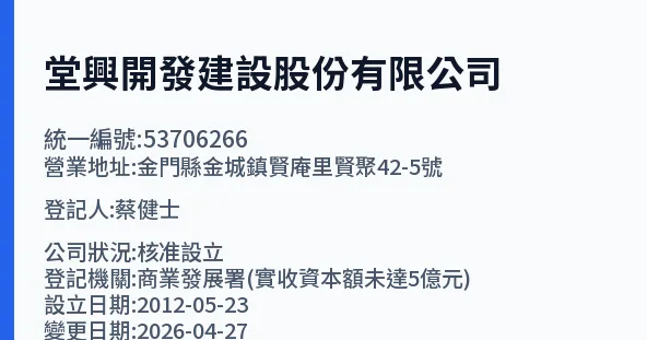 堂興開發建設股份有限公司的照片-統編 53706266(金門縣) 公司登記資料與營業項目詳細圖表