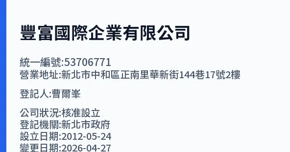 豐富國際企業有限公司的照片-統編 53706771(新北市) 公司登記資料與營業項目詳細圖表