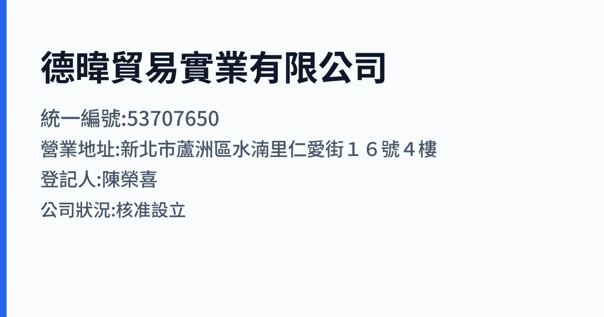 德暐貿易實業有限公司 - 統編 53707650(新北市) 公司登記資料與營業項目詳細圖表