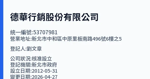 德華行銷股份有限公司的照片-統編 53707981(新北市) 公司登記資料與營業項目詳細圖表
