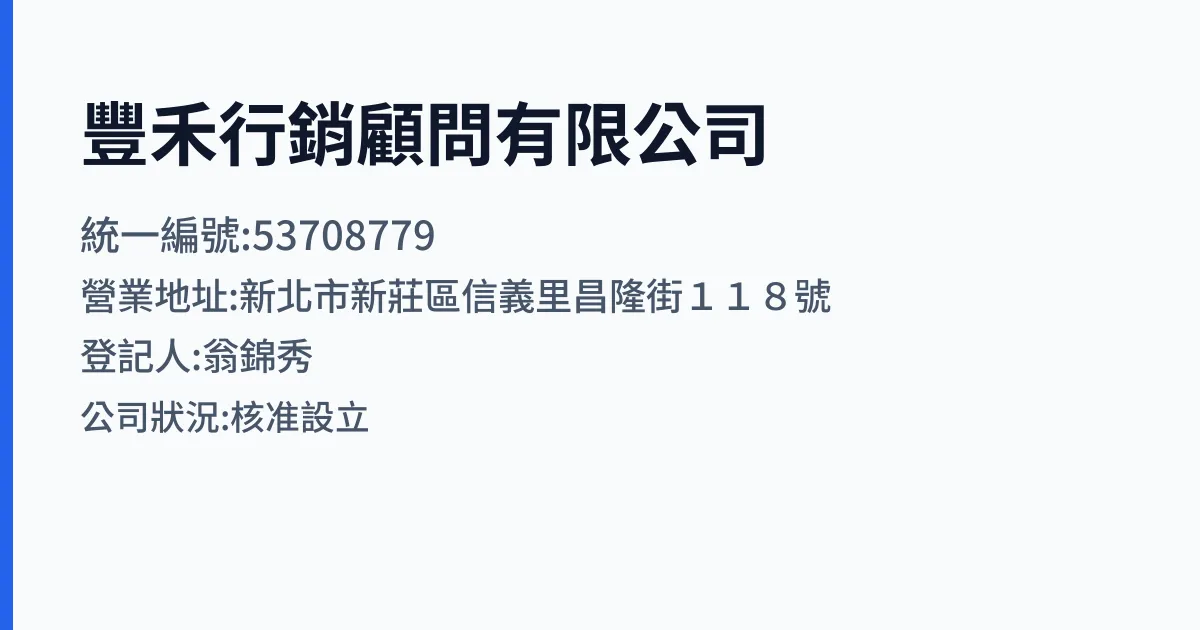 豐禾行銷顧問有限公司 - 統編 53708779(新北市) 公司登記資料與營業項目詳細圖表