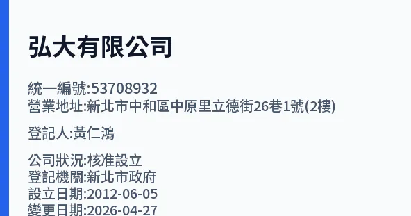 弘大有限公司的照片-統編 53708932(新北市) 公司登記資料與營業項目詳細圖表