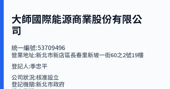 大師國際能源商業股份有限公司的照片-統編 53709496(新北市) 公司登記資料與營業項目詳細圖表