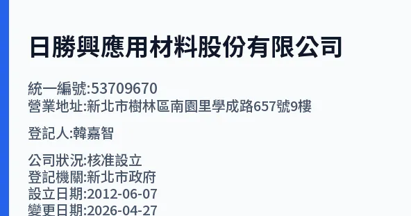 日勝興應用材料股份有限公司的照片-統編 53709670(新北市) 公司登記資料與營業項目詳細圖表