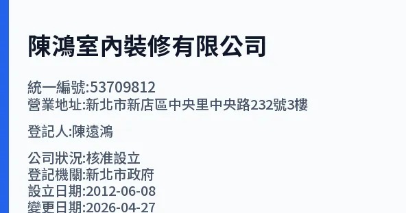 陳鴻室內裝修有限公司的照片-統編 53709812(新北市) 公司登記資料與營業項目詳細圖表