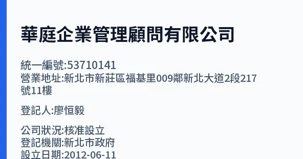 華庭企業管理顧問有限公司的照片-統編 53710141(新北市) 公司登記資料與營業項目詳細圖表