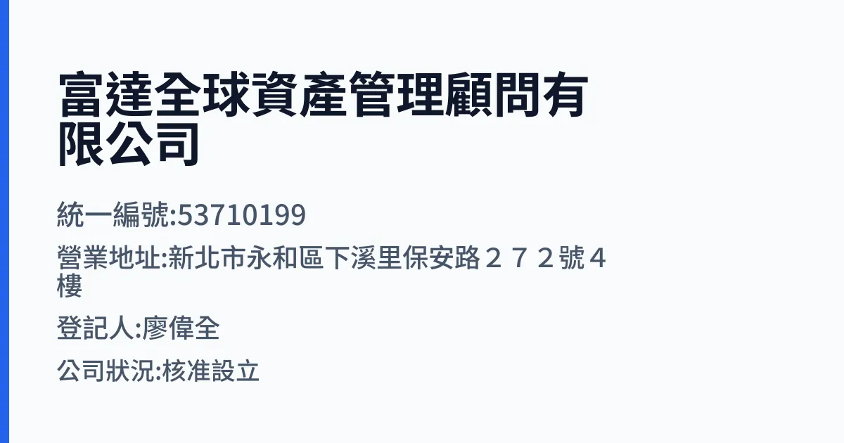 富達全球資產管理顧問有限公司 - 統編 53710199(新北市) 公司登記資料與營業項目詳細圖表