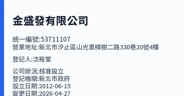 金盛發有限公司的照片-統編 53711107(新北市) 公司登記資料與營業項目詳細圖表