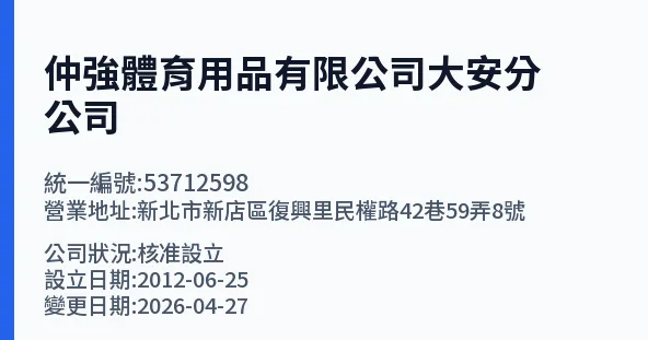 仲強體育用品有限公司大安分公司的照片-統編 53712598(新北市) 公司登記資料與營業項目詳細圖表