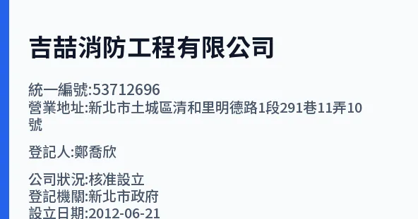 吉喆消防工程有限公司的照片-統編 53712696(新北市) 公司登記資料與營業項目詳細圖表