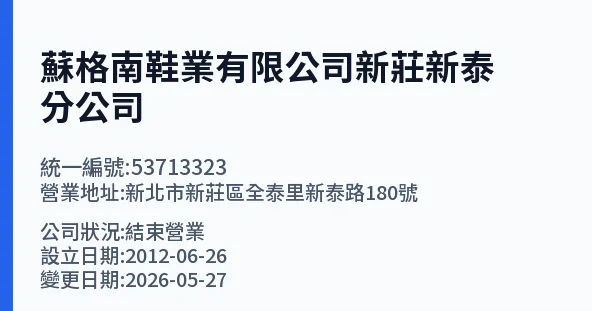 蘇格南鞋業有限公司新莊新泰分公司的照片-統編 53713323(新北市) 公司登記資料與營業項目詳細圖表