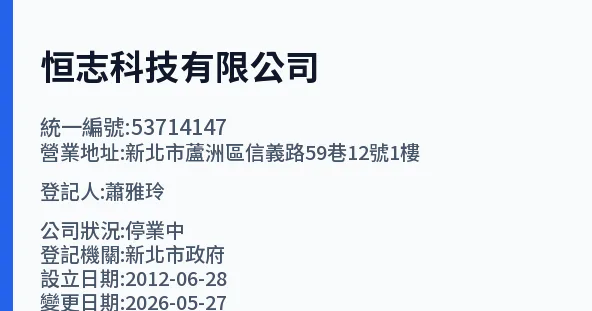 恒志科技有限公司的照片-統編 53714147(新北市) 公司登記資料與營業項目詳細圖表
