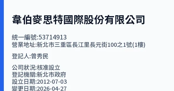 韋伯麥思特國際股份有限公司的照片-統編 53714913(新北市) 公司登記資料與營業項目詳細圖表