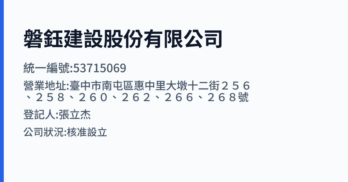 磐鈺建設股份有限公司 - 統編 53715069(臺中市) 公司登記資料與營業項目詳細圖表
