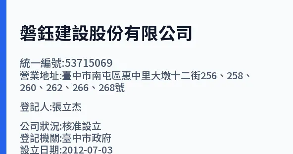 磐鈺建設股份有限公司的照片-統編 53715069(臺中市) 公司登記資料與營業項目詳細圖表