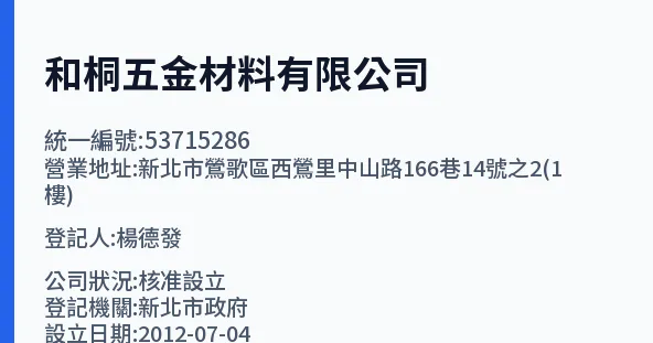 和桐五金材料有限公司的照片-統編 53715286(新北市) 公司登記資料與營業項目詳細圖表