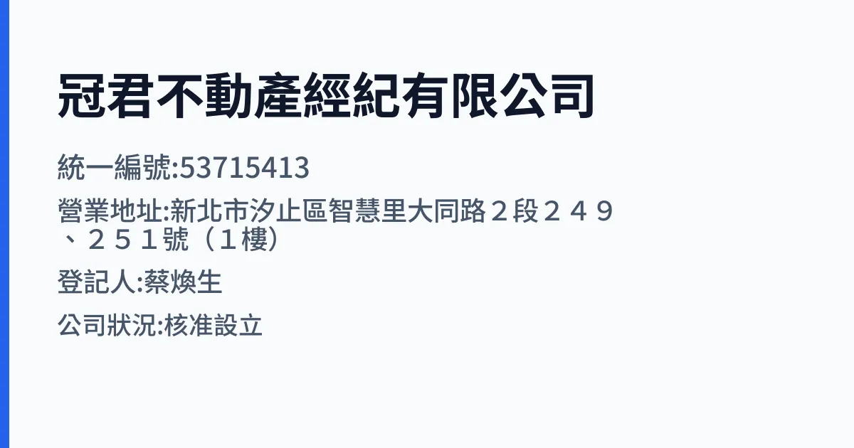 冠君不動產經紀有限公司 - 統編 53715413(新北市) 公司登記資料與營業項目詳細圖表
