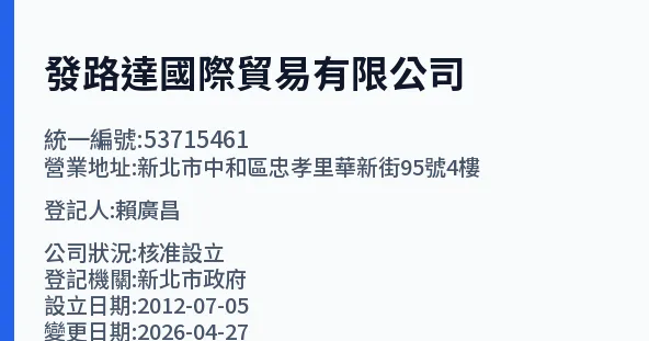 發路達國際貿易有限公司的照片-統編 53715461(新北市) 公司登記資料與營業項目詳細圖表