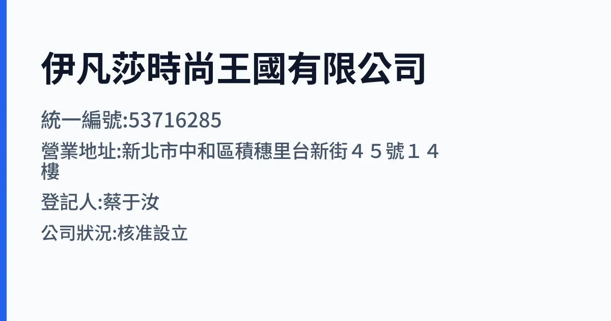 伊凡莎時尚王國有限公司 - 統編 53716285(新北市) 公司登記資料與營業項目詳細圖表