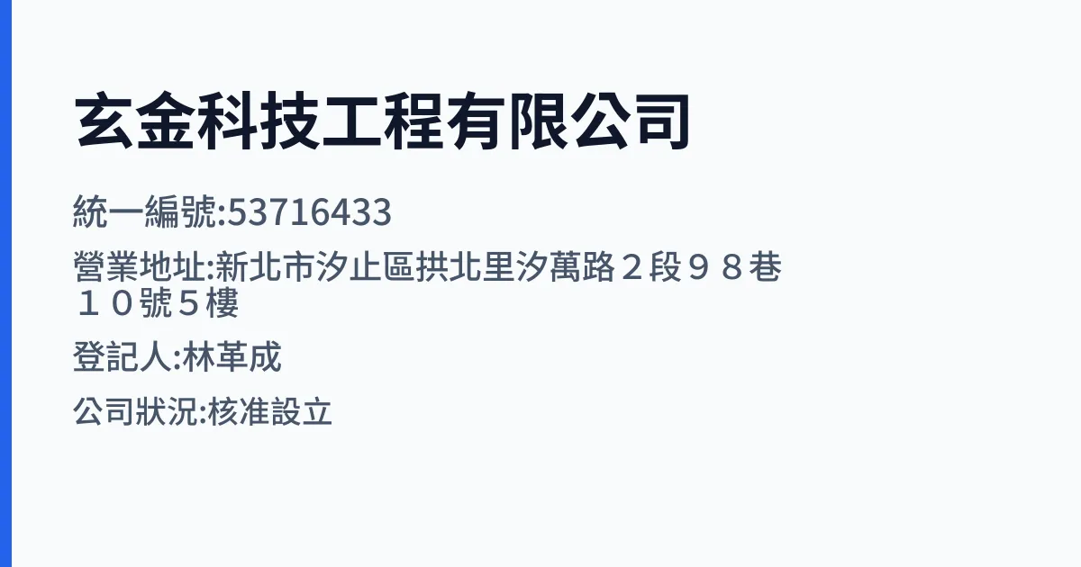 玄金科技工程有限公司 - 統編 53716433(新北市) 公司登記資料與營業項目詳細圖表