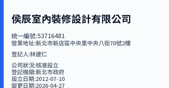 侯辰室內裝修設計有限公司的照片-統編 53716481(新北市) 公司登記資料與營業項目詳細圖表