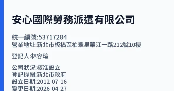 安心國際勞務派遣有限公司的照片-統編 53717284(新北市) 公司登記資料與營業項目詳細圖表