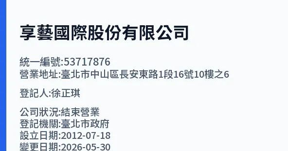 享藝國際股份有限公司的照片-統編 53717876(臺北市) 公司登記資料與營業項目詳細圖表